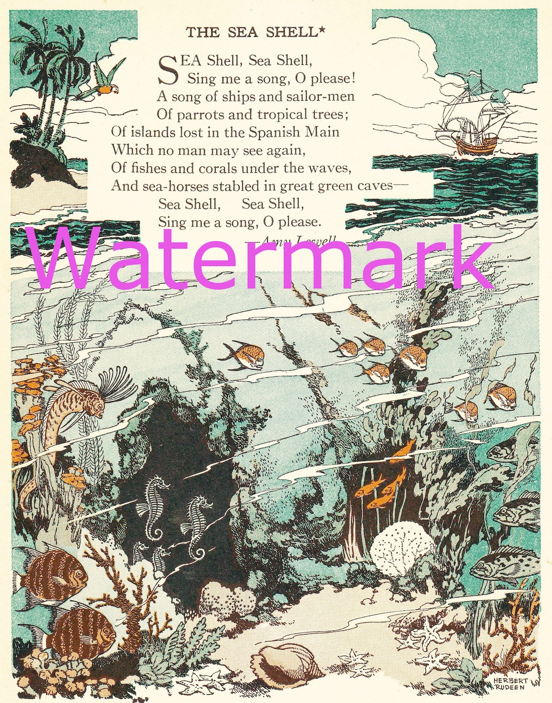Vintage Sea Shell Poem, Undersea Creatures, Pirate Ship, Island ...