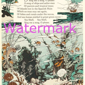 Vintage Sea Shell Poem, Undersea Creatures, Pirate Ship, Island ...