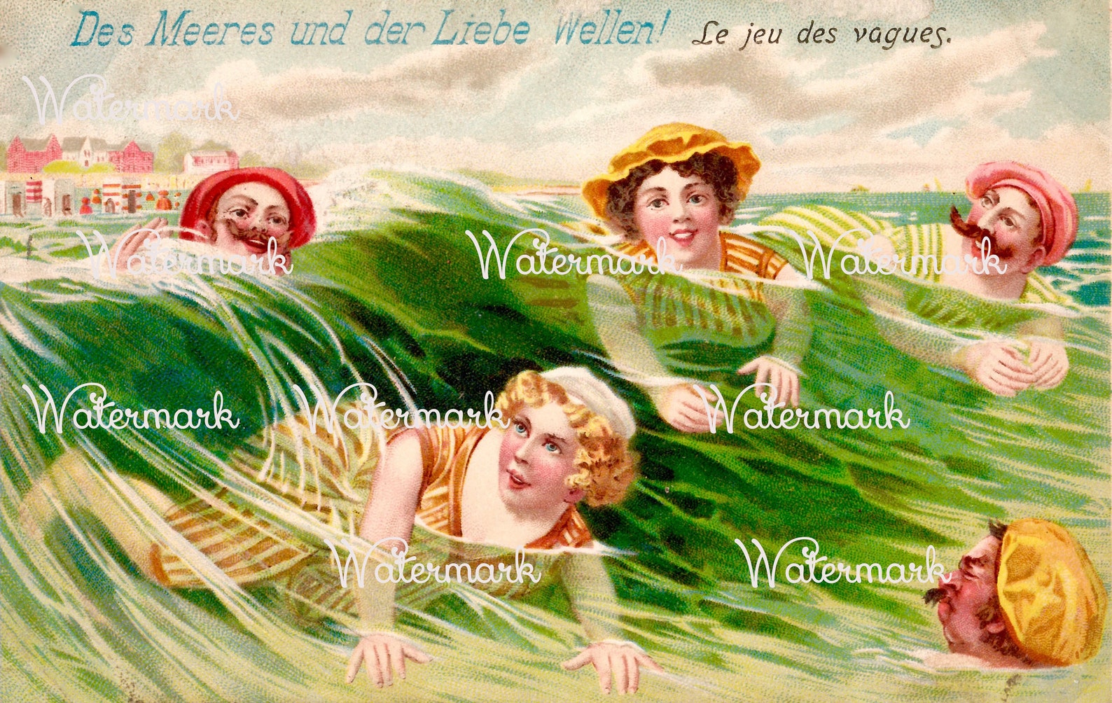 Vintage Beach Swimmers, French & German, at Beach. Instant Digital ...