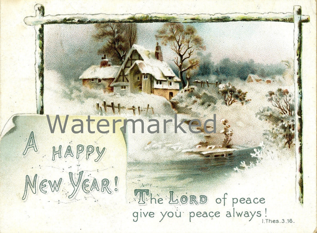 Vintage Old World Winter, Neujahr, Cottage im Schnee, 1 Thes. 3:16 ...