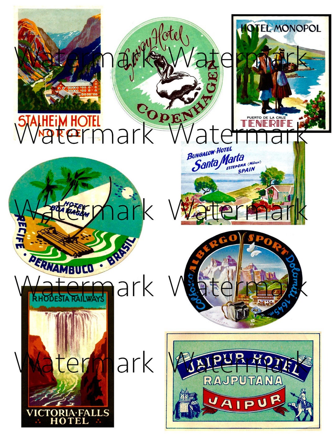 Travel Collage Sheet, Vintage Luggage Labels, Digital Images, 8.5 X 11 ...