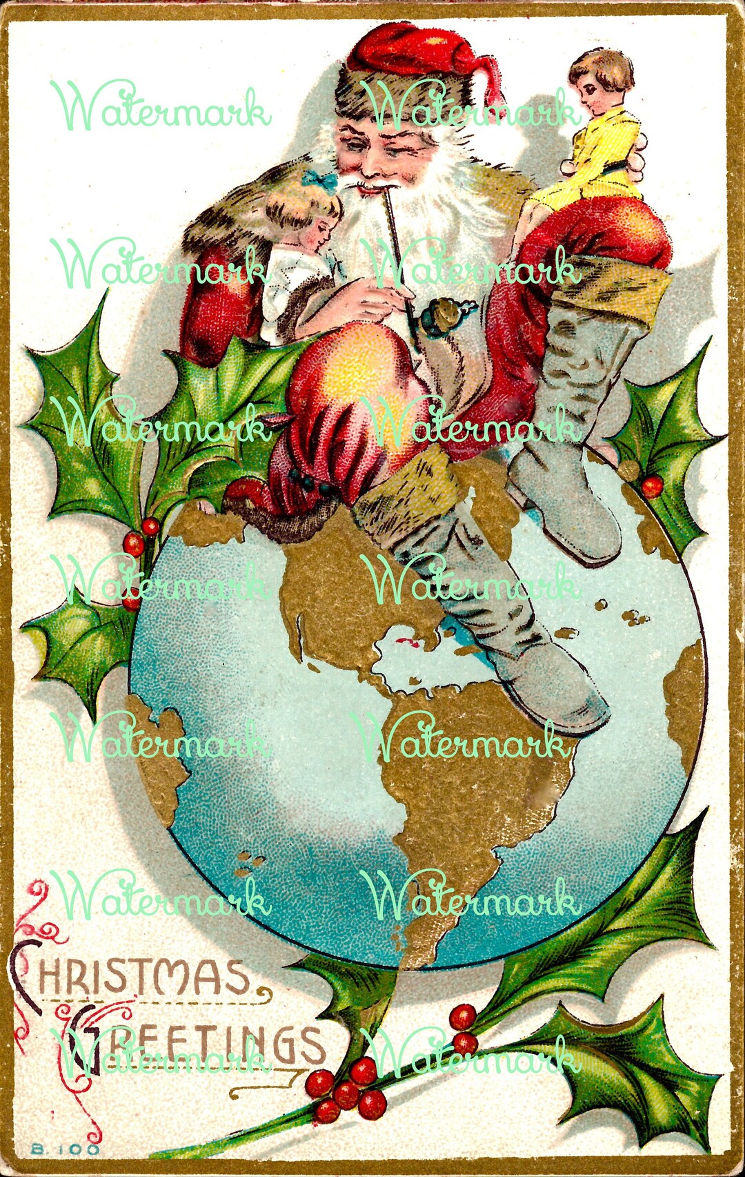 Vintage Old World Christmas, Santa Claus Atop a Globe. Instant Digital ...