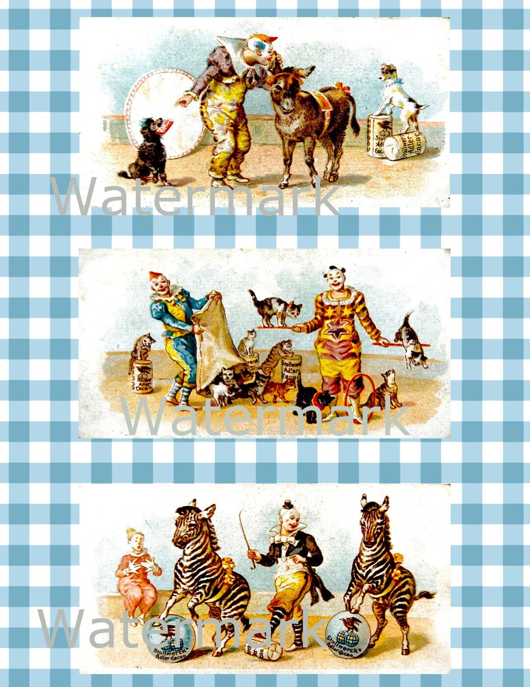 Vintage Old World Circus Animals & Clowns, Collage Sheet 2, 3 grandes ...
