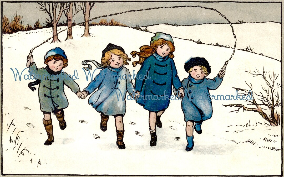Vintage Old World Winter Kids Playing Outside. Instant Digital Download ...
