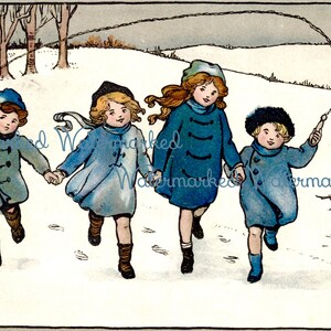 Vintage Old World Winter Kids Playing Outside. Instant Digital Download ...