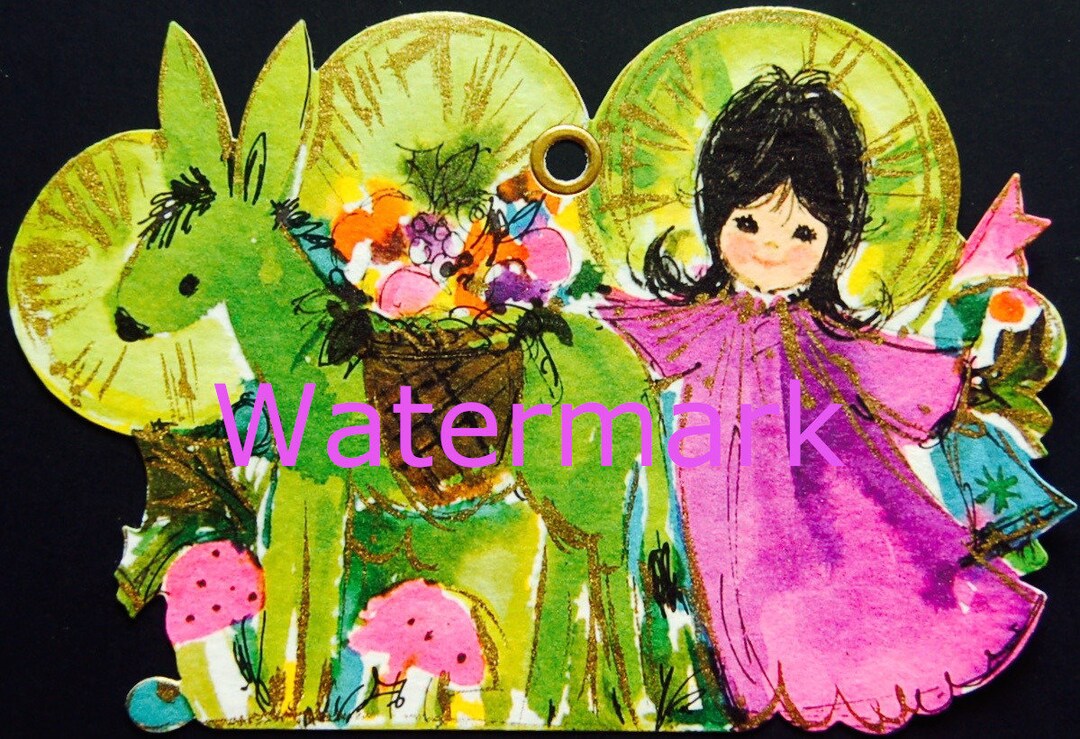 Vintage Mod Christmas Tag, Donkey & Angel Girl, Large Pink, Green ...