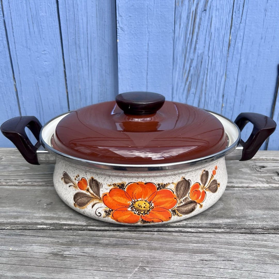 Sanko Ware Show Ware 25cm Orange Flowers Porcelain Enamel Pan Lid ...