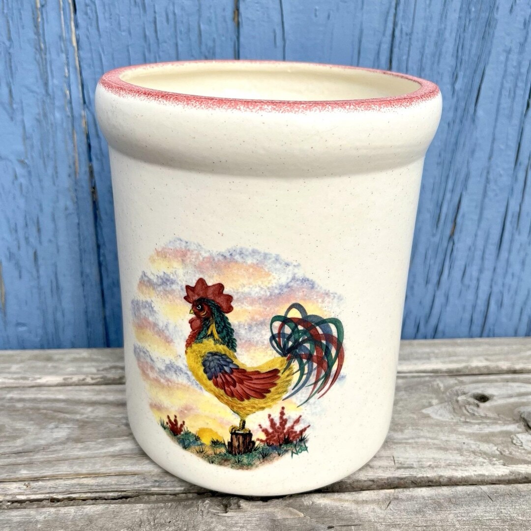 Vintage Rooster Utensil Crock Holder Noel Pie Plate Co Farmhouse ...
