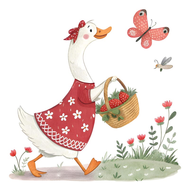Strawberry Goose Clipart: Cottagecore Watercolor PNG Graphics (digital ...