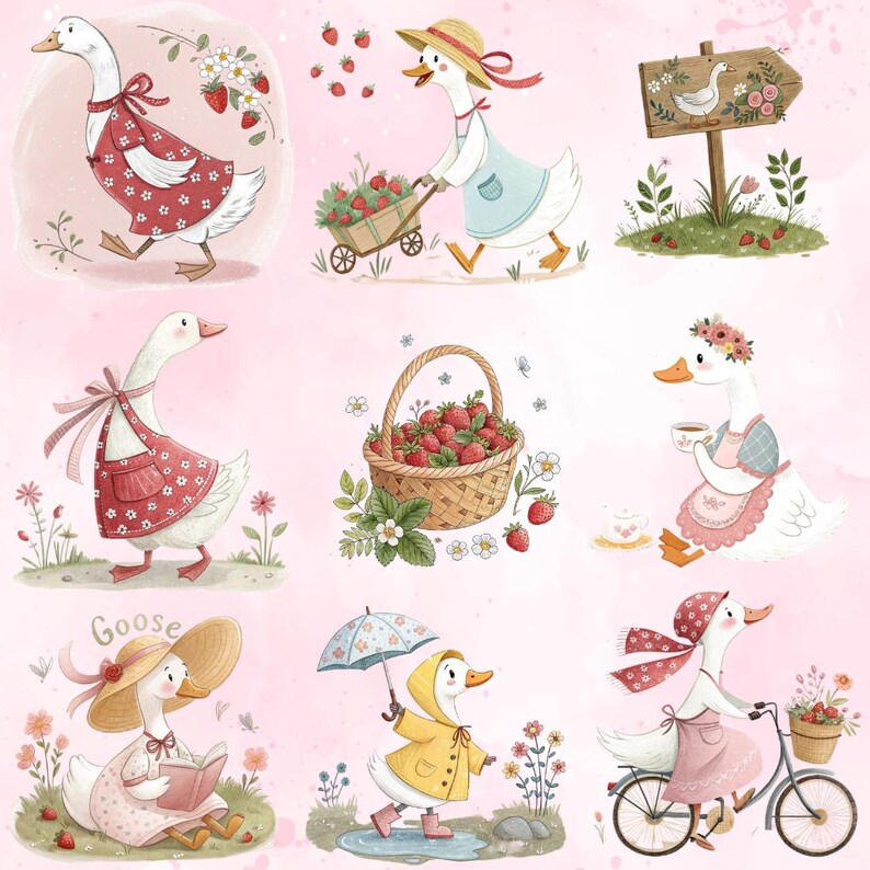 Strawberry Goose Clipart: Cottagecore Watercolor PNG Graphics (digital ...