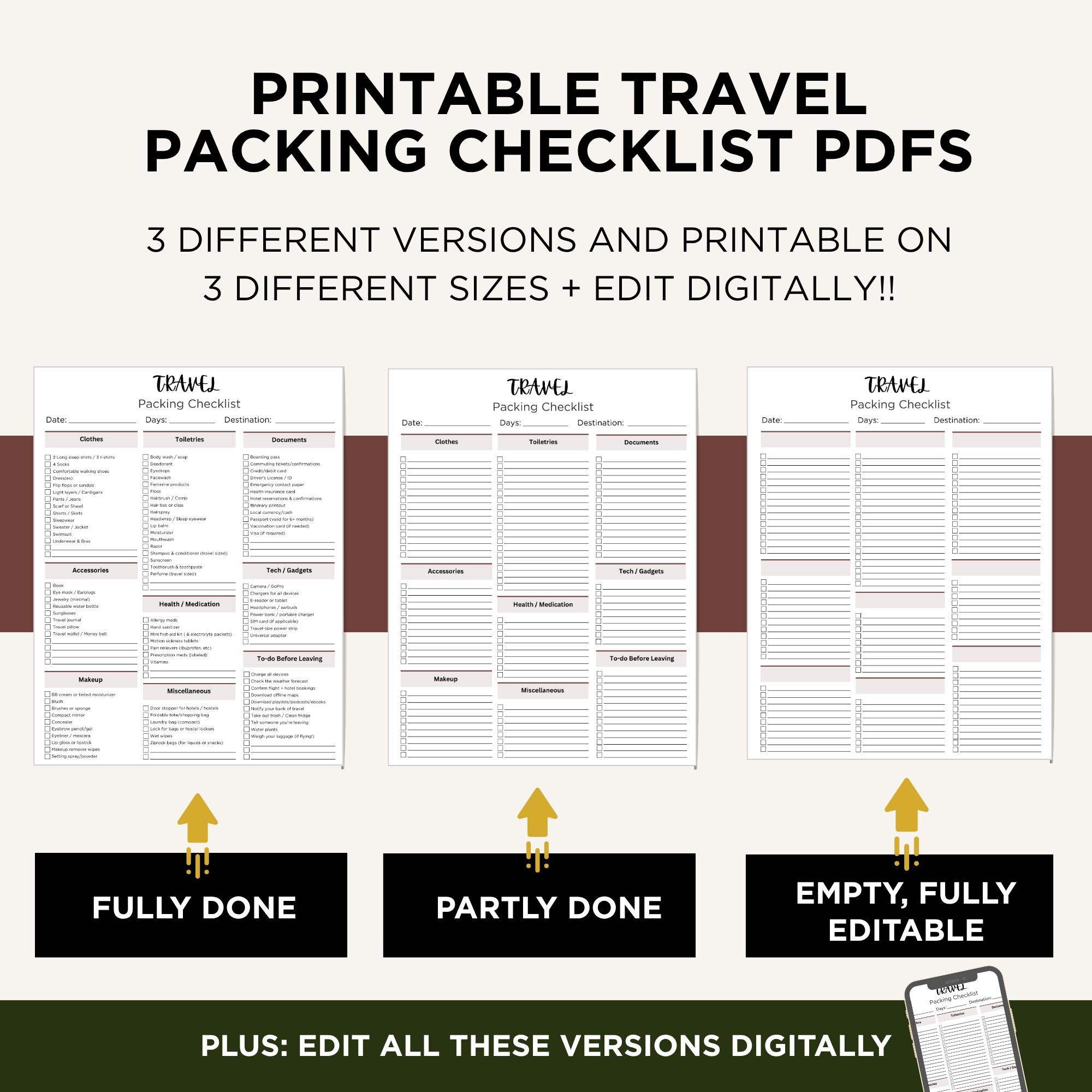 Editable Travel Packing Checklist: Printable PDF for A4, A5, US Letter ...