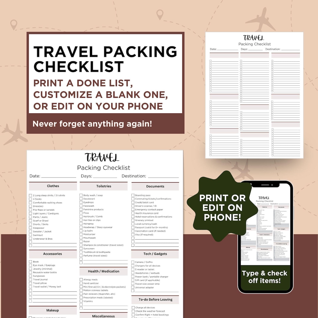 Editable Travel Packing Checklist: Printable PDF for A4, A5, US Letter ...