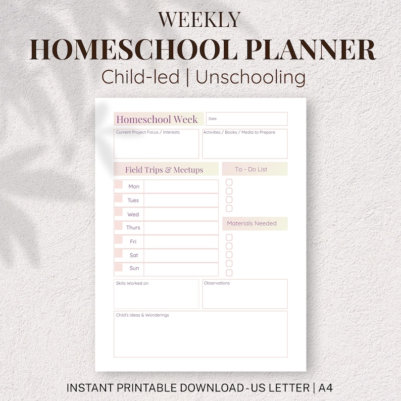 Weekly Homeschool Planner for Unschooled Children, Child-led Learning ...