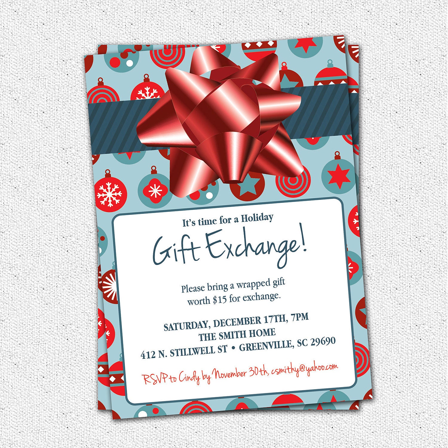 Christmas Holiday Gift Exchange Party Invitation Blue Or Green Etsy