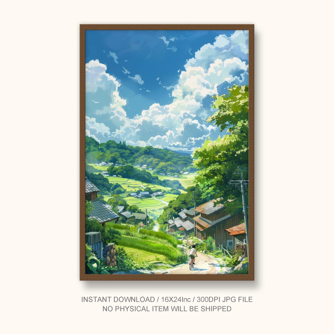 Peaceful Village Ride - Ghibli Inspired Countryside Art Print, 16x24in ...