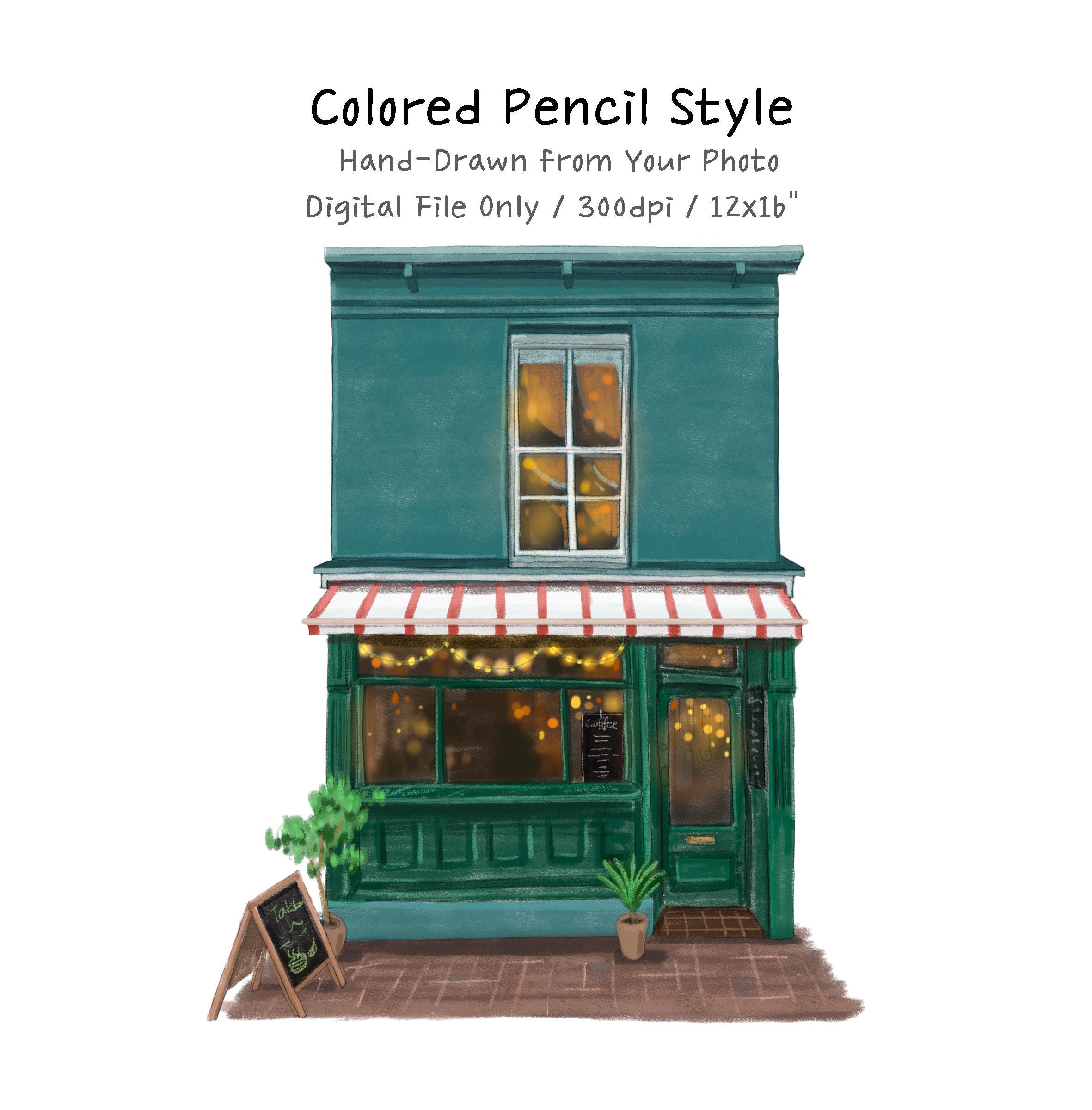 Custom House/store Portrait – Hand Drawn Colored Pencil Style (digital ...