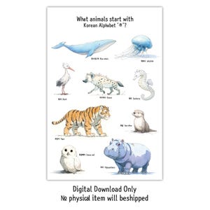 Korean Alphabet Animal Poster Set – 14 Hangul Consonants, Cute Animals ...