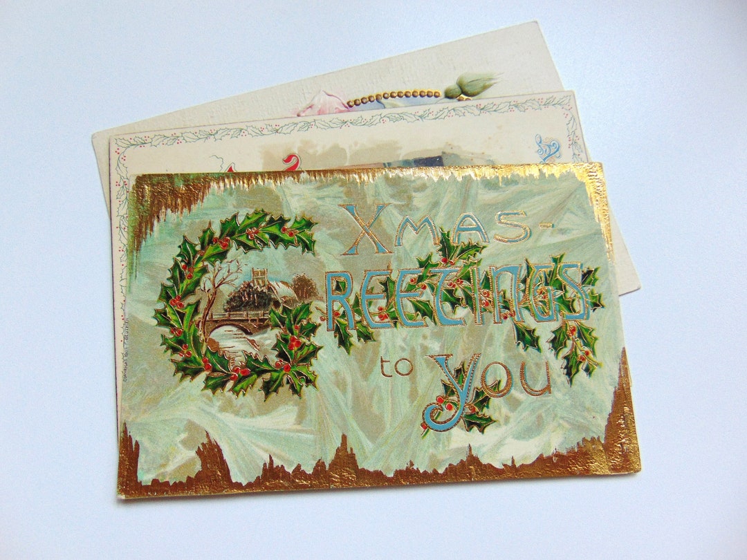 Antique Christmas Postcards 3 Vintage Paper Post Cards Xmas Greetings Mistletoe American 1914 - Etsy