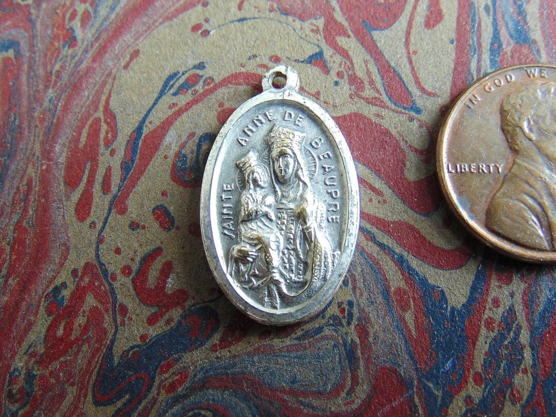 St. Anne De Beaupre Vintage Catholic Medal Sainte Ann Oval Metal ...
