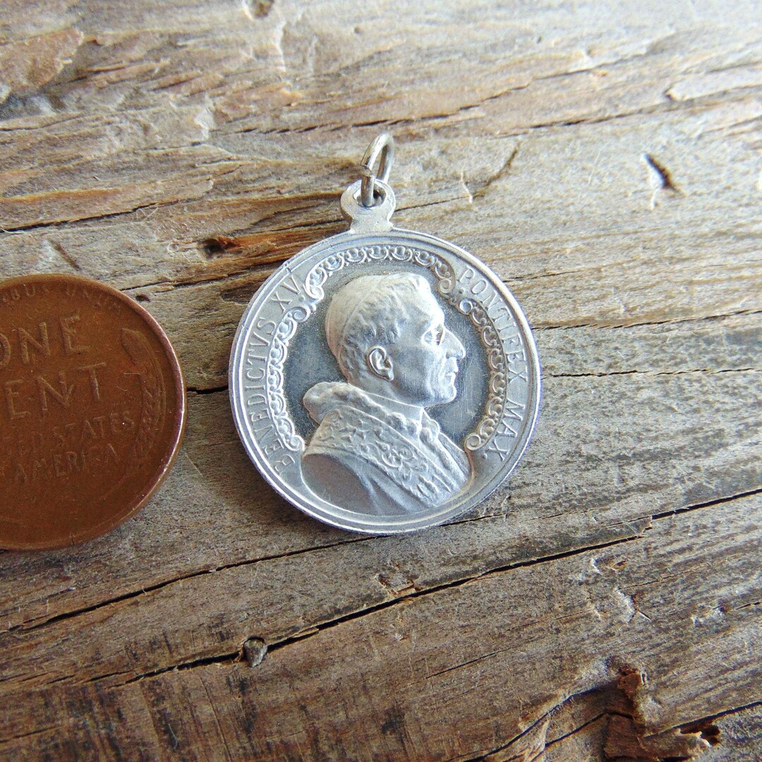Pope Benedict XV & Virgin Mary Antique Italian Catholic Medal Aluminum ...