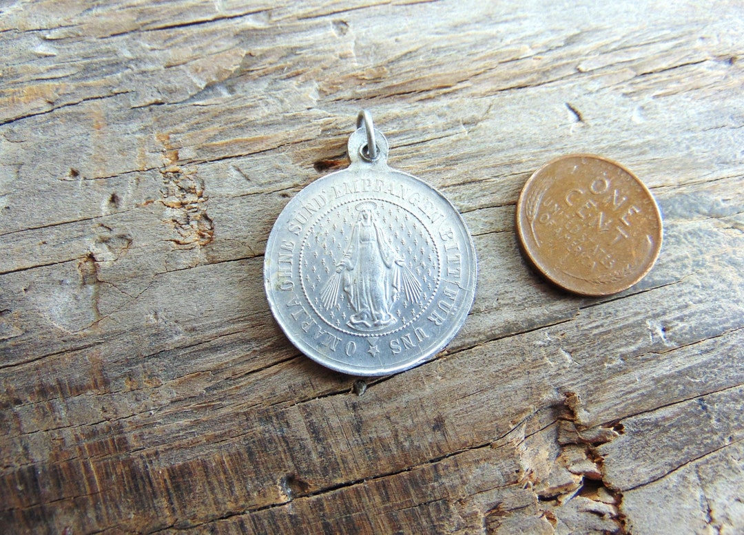 Antique German Miraculous Medal or Pendant Aluminum Metal O Maria Ohne ...
