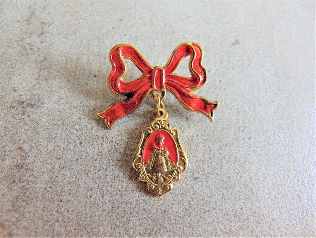 Miraculous Infant of Prague Vintage Catholic Bow Pin With Medal Red ...