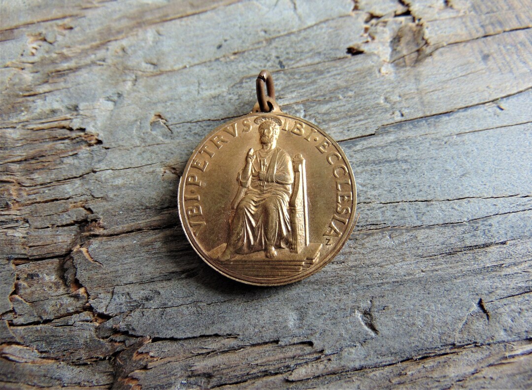 St. Peter & Pope Pius XII Vintage Catholic Medal or Pendant Signed Mistruzzi Round Metal ...