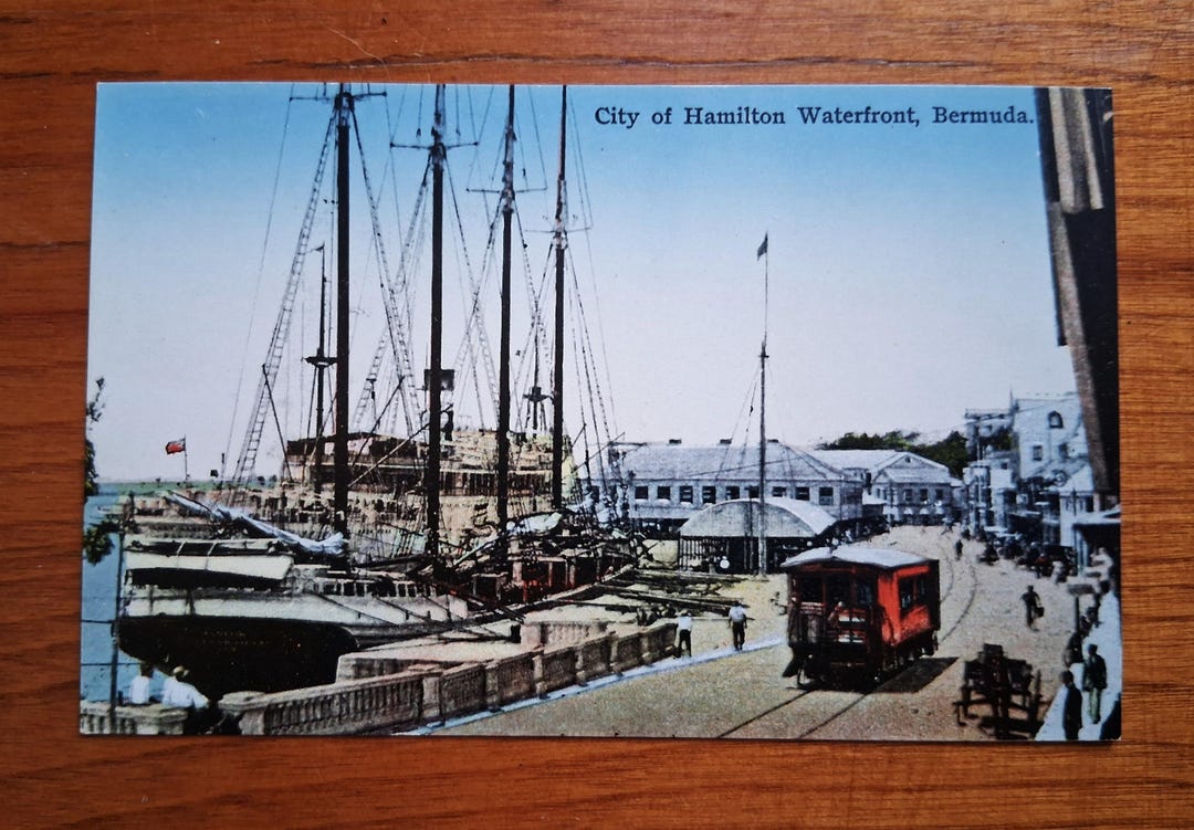 Antique Color Postcard of Hamilton, Bermuda Waterfront and Rail Trolley ...