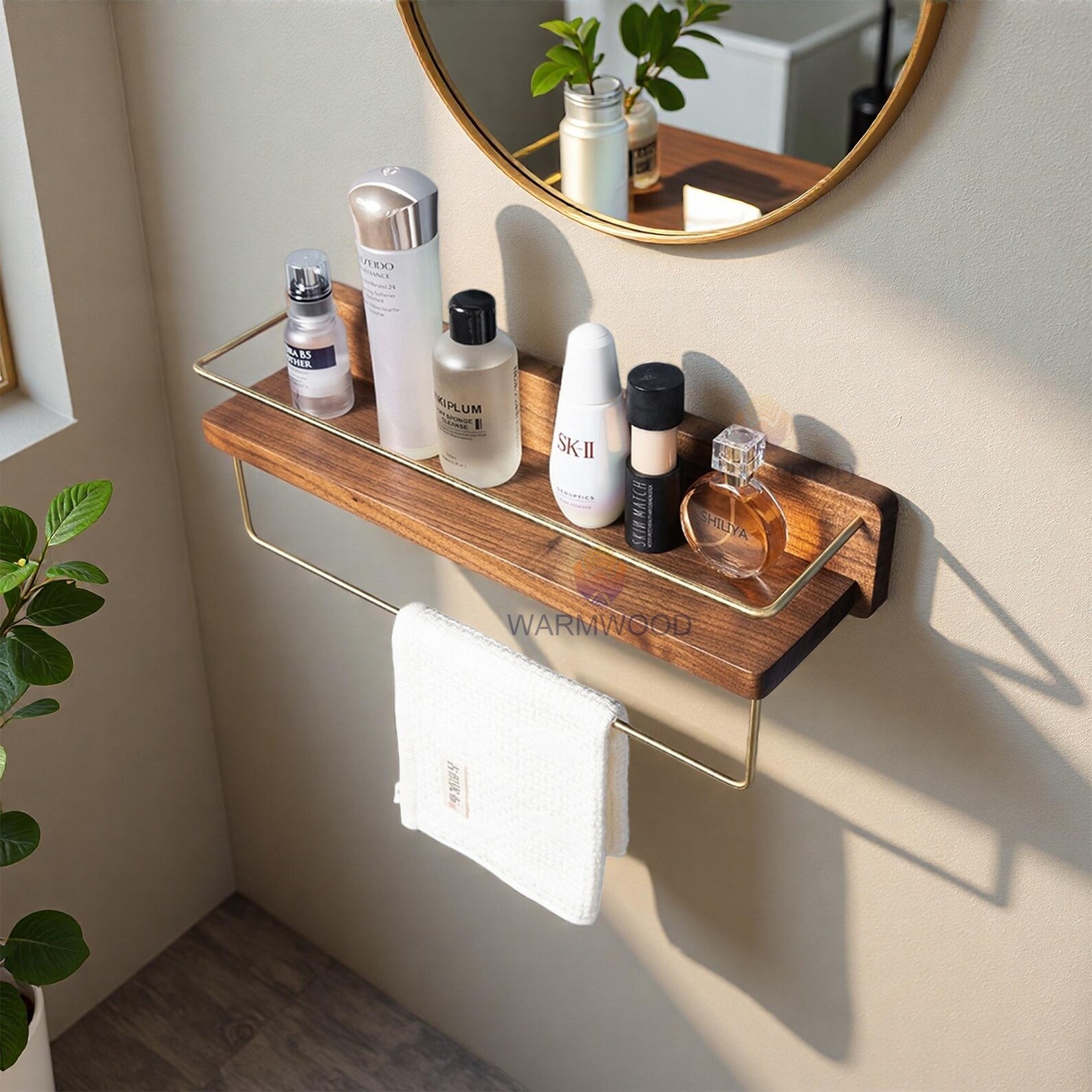 Solid Black Walnut Bathroom Shelf With Gold Towel Bar | Wall Mounted ...