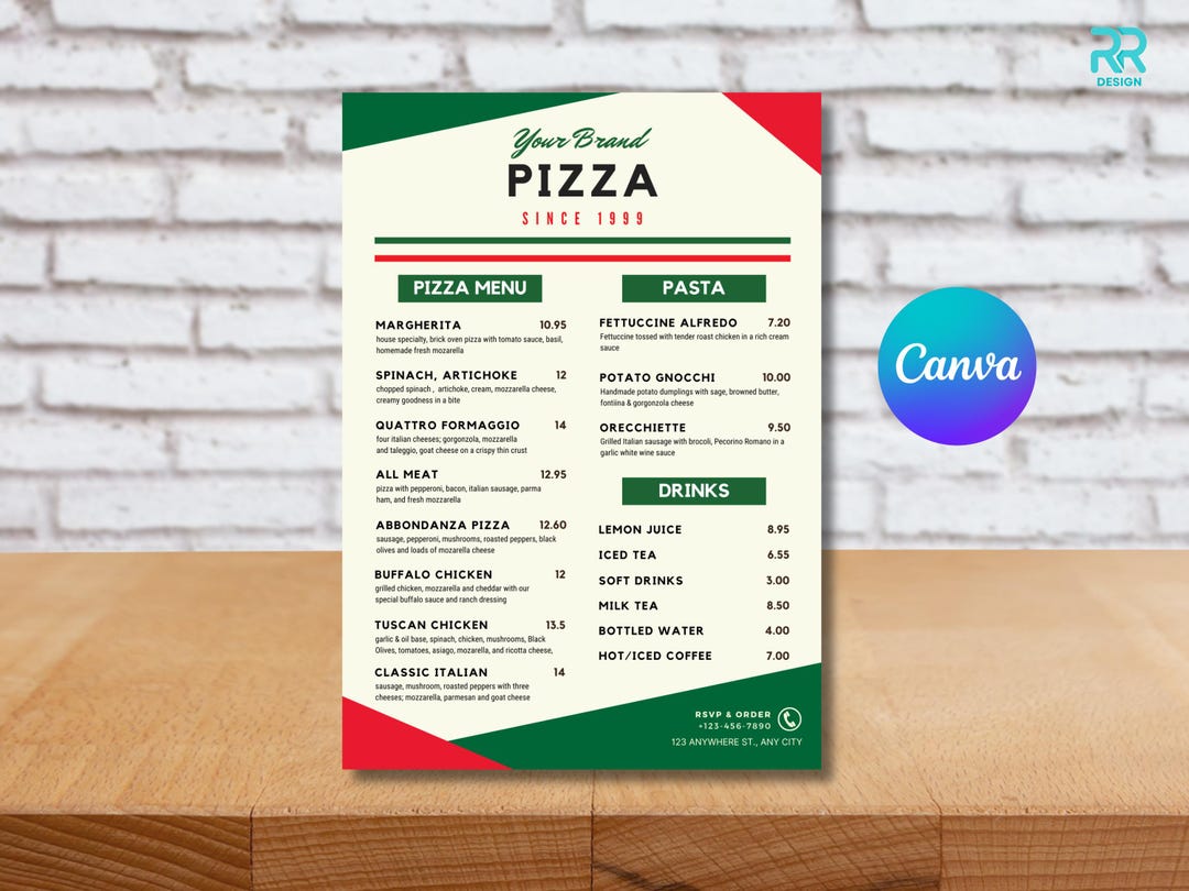 Simple Pizza Menu Template Canva - Editable Pizzeria Menu - Digital ...