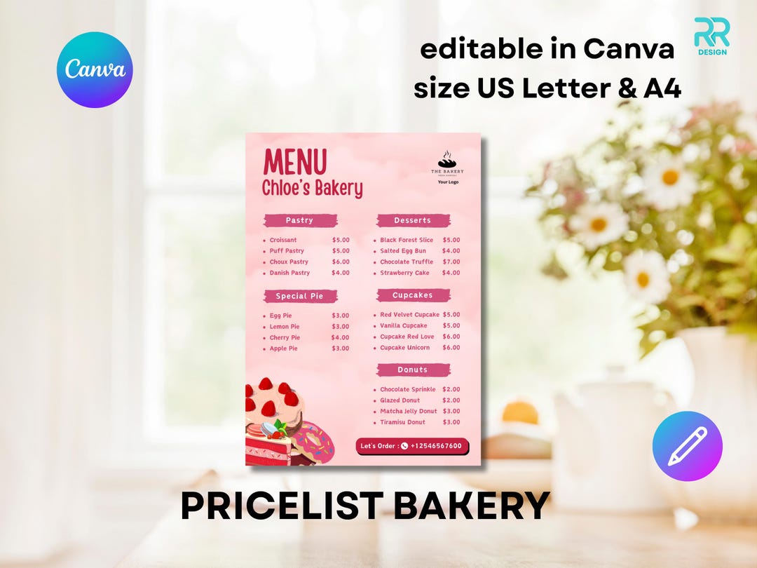 Bakery Pricelist Template - Editable Canva Menu - Printable Pastry ...