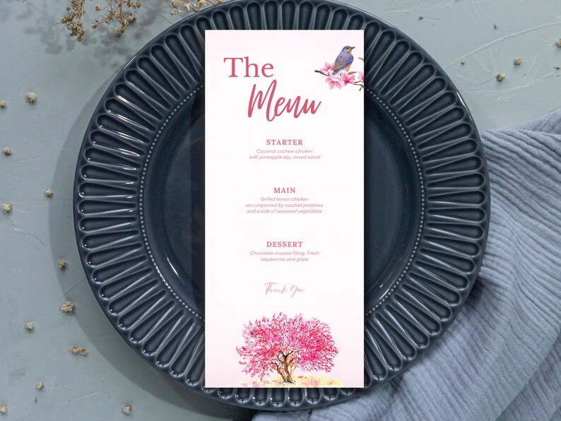 Editable Elegant Pink Tree Menu Template (4x9) | Blush Pink Dinner Card | Shower, Valentine's ...