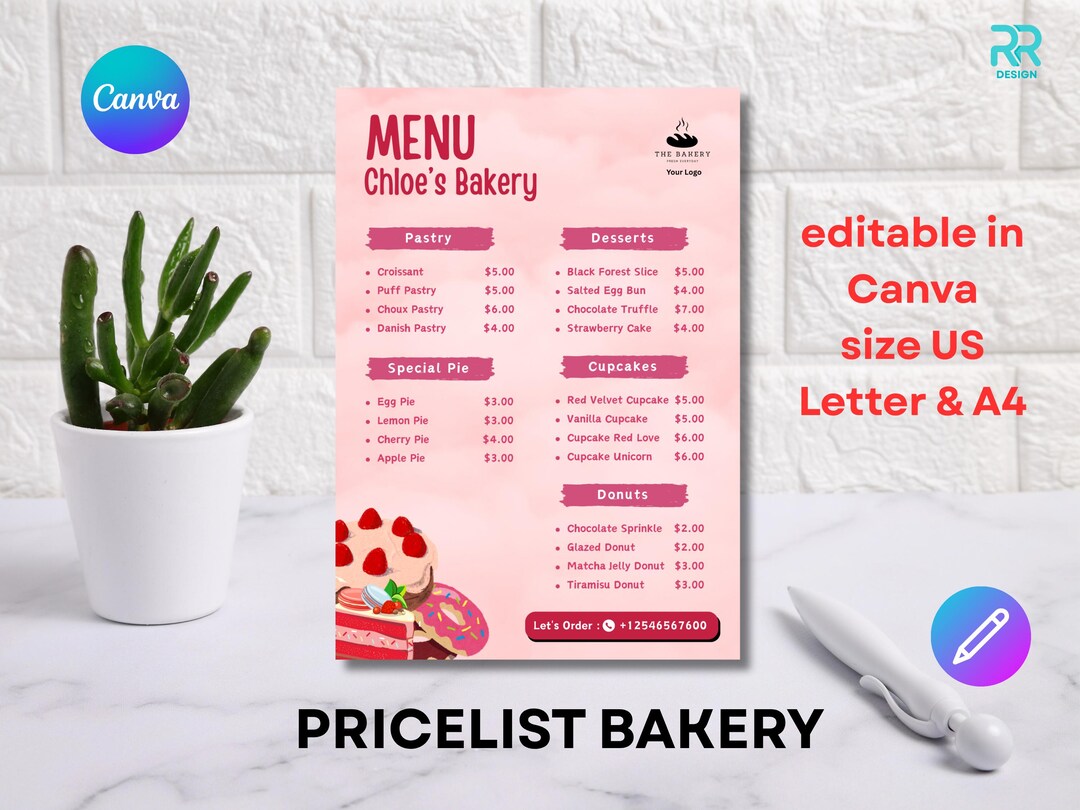 Printable Bakery Price List Canva Template, Editable Canva Menu ...