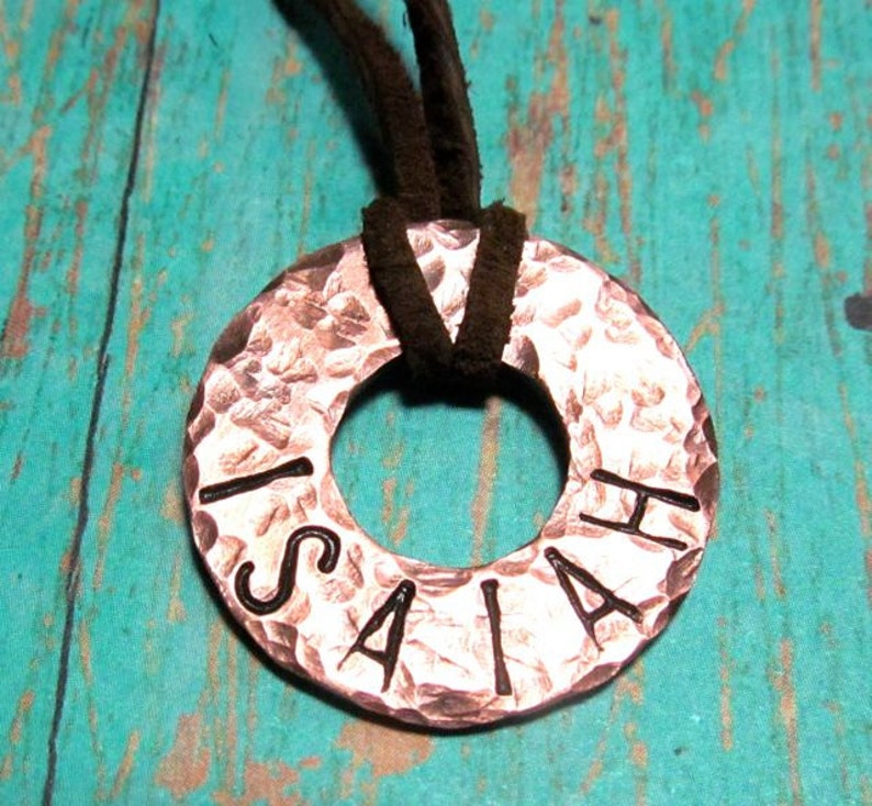 Collier pour garçon Rondelle et cuir en cuivre estampé - Etsy France