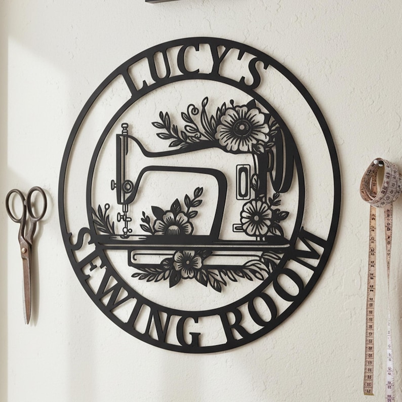 Custom Sewing Room Metal Sign, Personalized Name Floral Sewing Machine ...