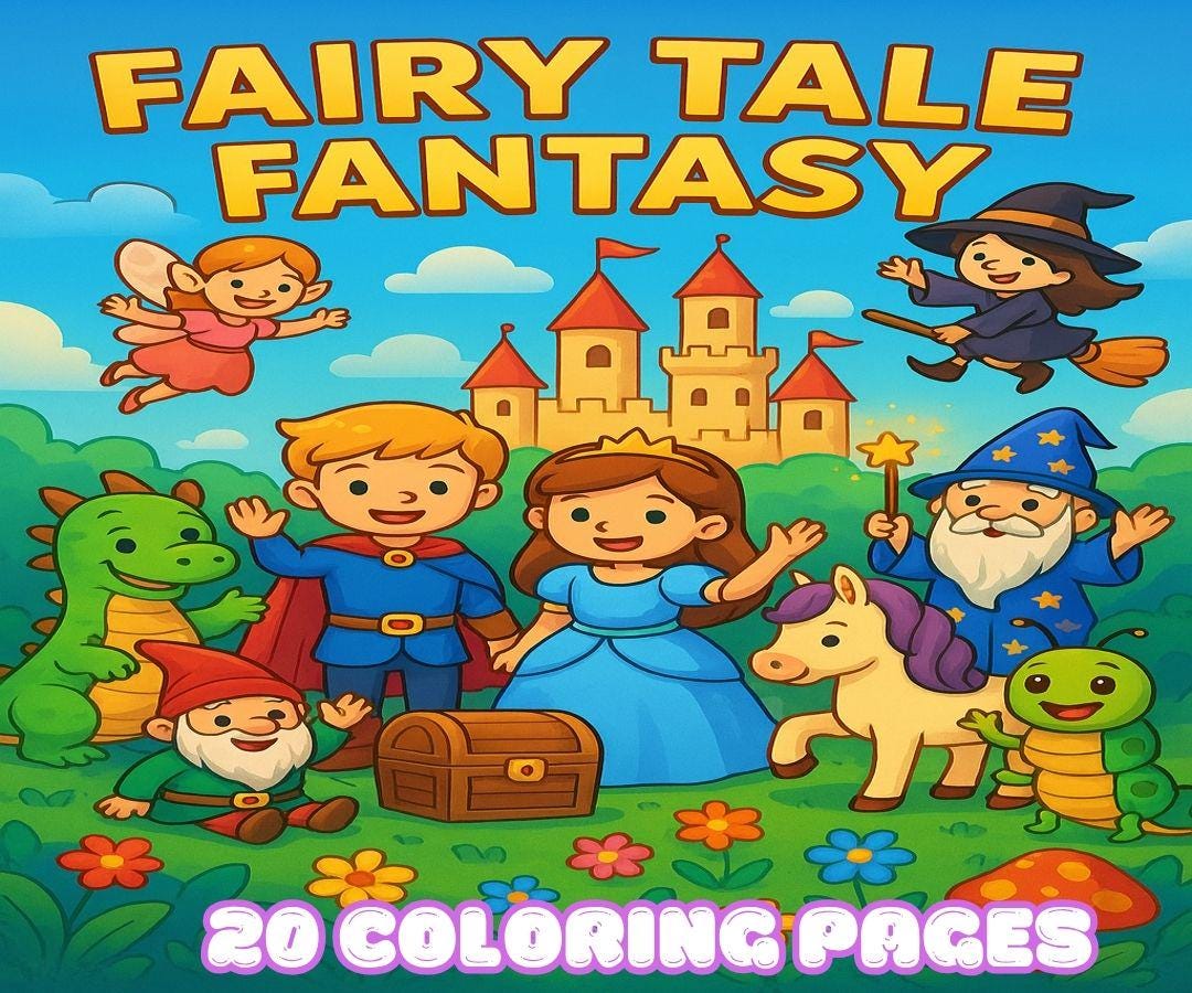 Fairy Tale Coloring Pages for Kids: Magical Unicorns, Dragons (digital ...