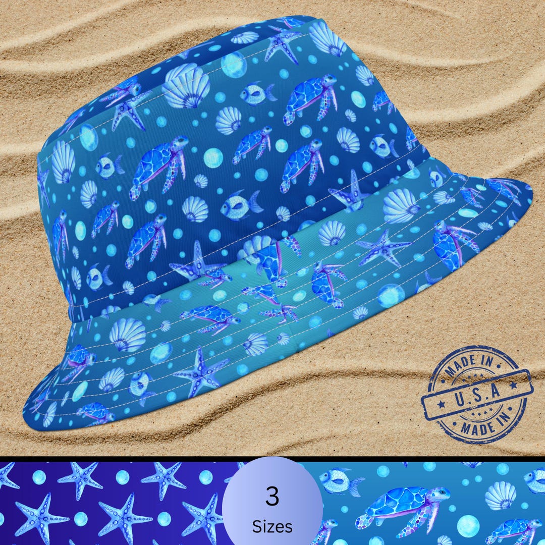 Ocean Vibe Bucket Hat With Sea Turtles - Blue Beach Hat for Kids or ...