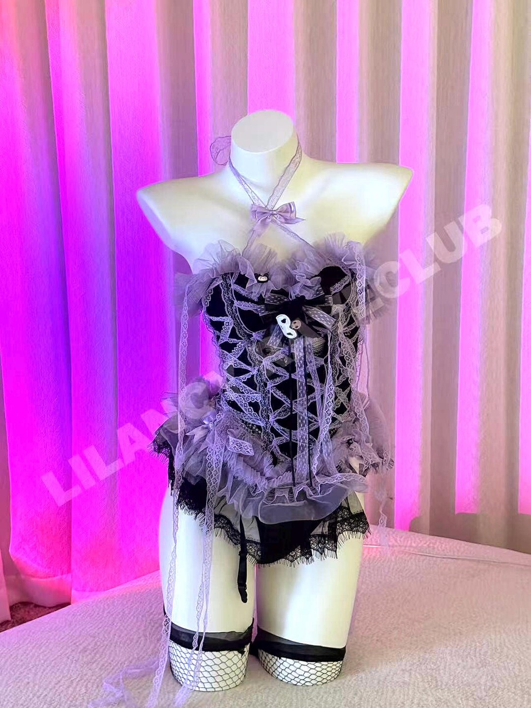 Purple Kuromi-inspired Lingerie Set – 3-piece Dress Top + Black Fishnet ...