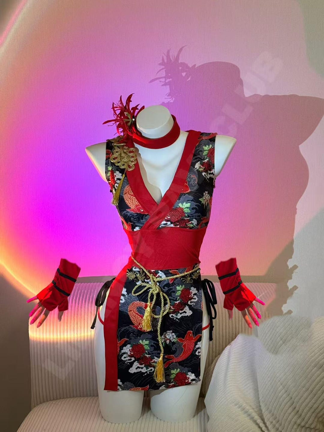 Red & Black Cyber Kimono Rave Set • Kitsune Koi Fish Japanese Floral ...