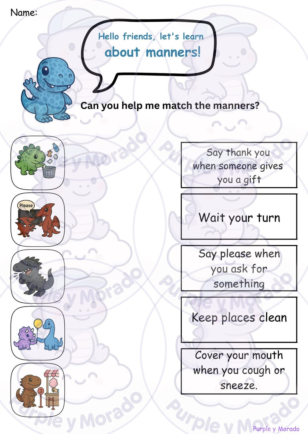 Dinosaur Manners Worksheet – Good Habits Activity (PDF Pattern) - Etsy ...