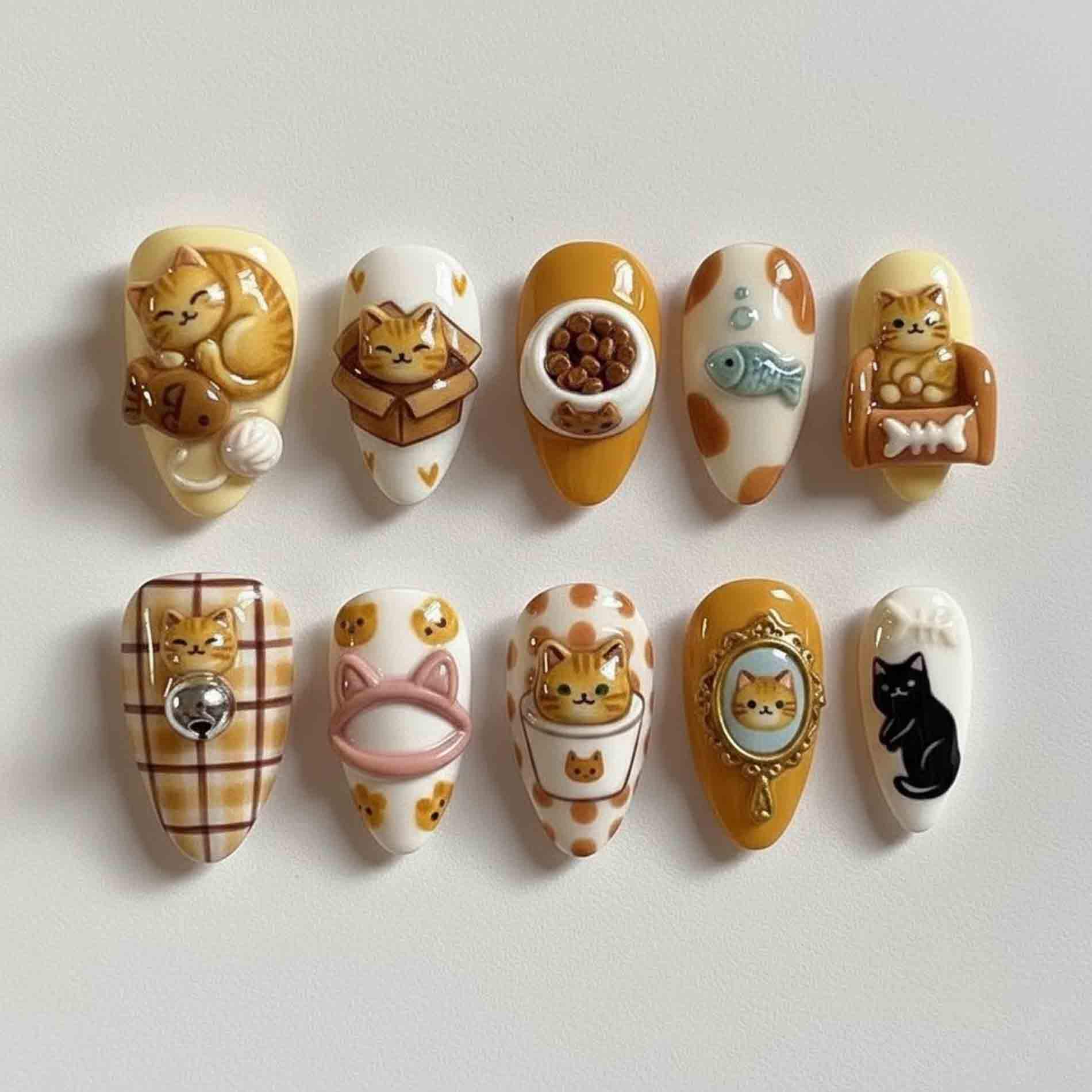 Handmade Cute Cat Press on Nails | Kittens, Fish, Yarn Ball, Bell & Paw ...