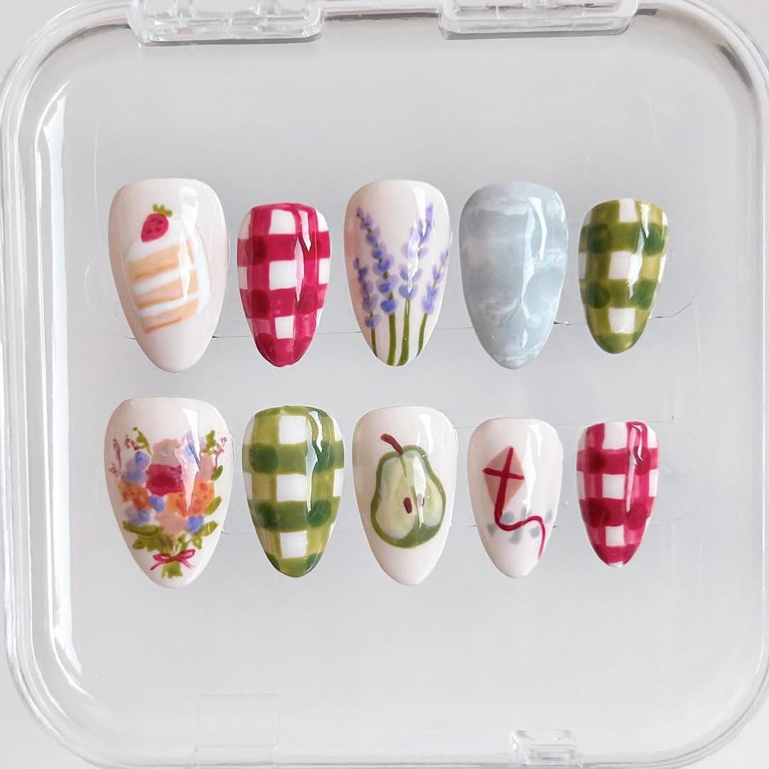 Hand-painted Cottagecore Picnic Press on Nails | Gingham, Fruit, Floral ...