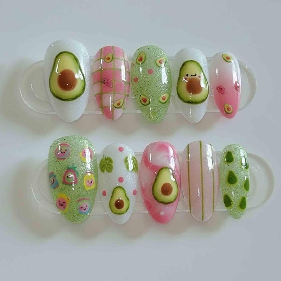 Handmade Avocado Press on Nails | Avocado, Heart & Plaid Designs | Long ...