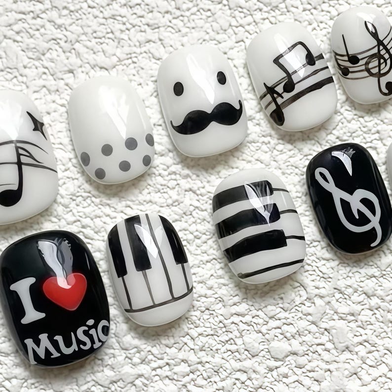Music Lover Press on Nails | Piano Keys & Notes Nail Art | Black and ...