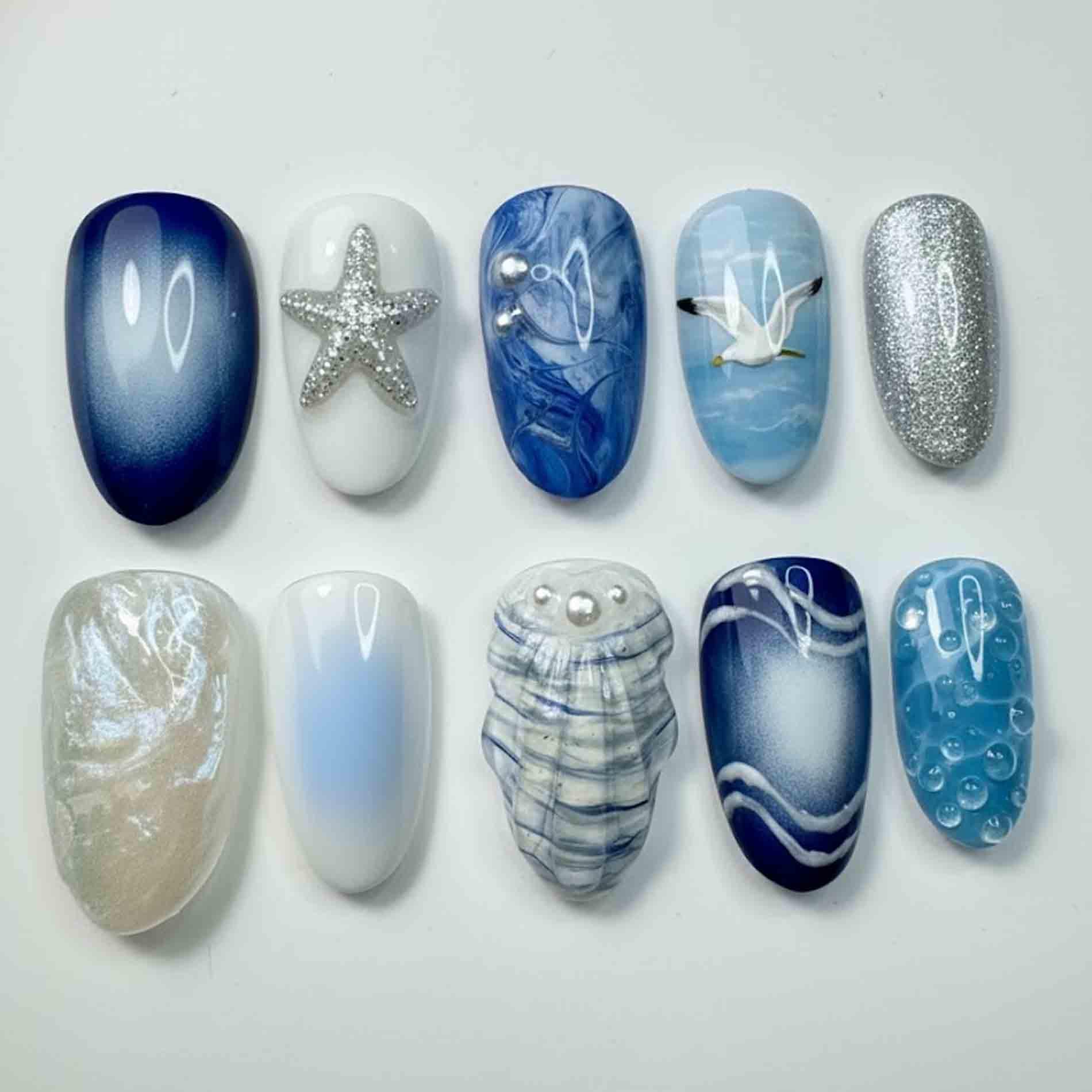 Handmade Ocean Shell Press on Nails | Blue Ombre & Pearl Accents With ...