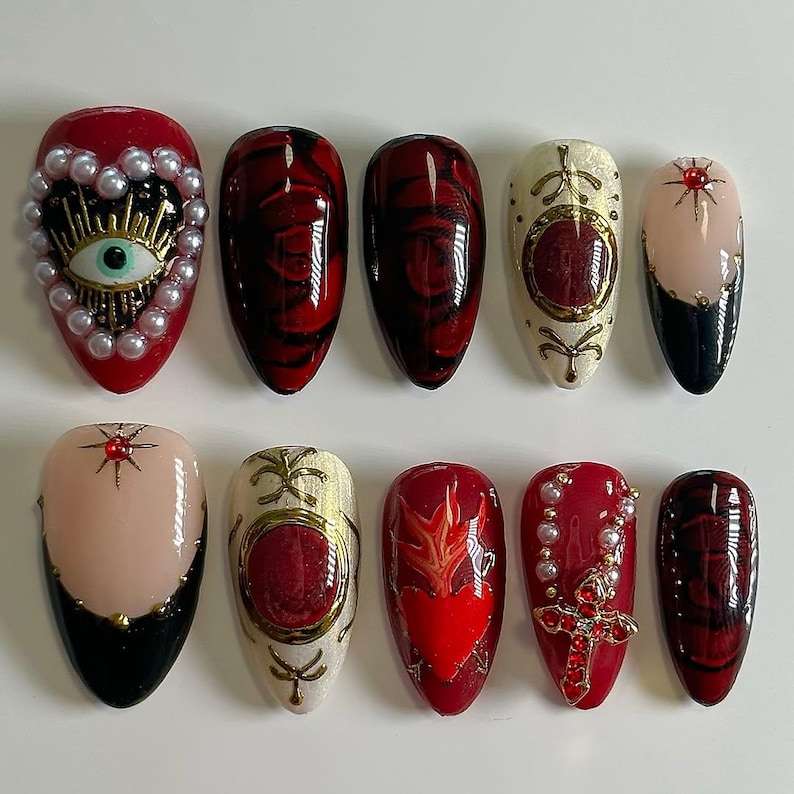 Gothic Royal Red Press on Nails | 3D Baroque, Cross & Eye Detail ...