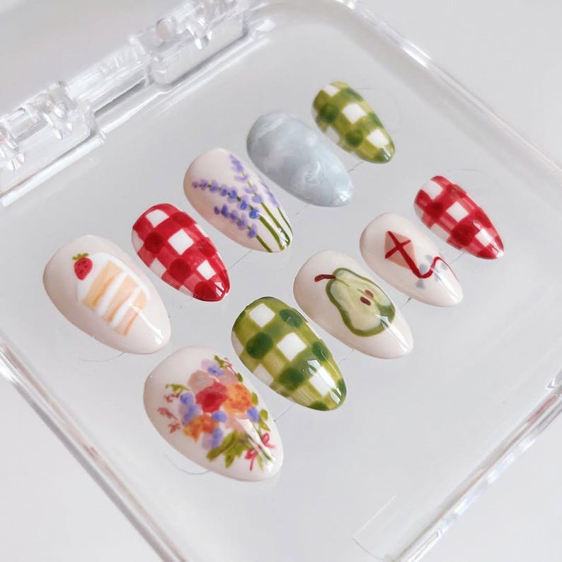 Hand-painted Cottagecore Picnic Press on Nails | Gingham, Fruit, Floral ...
