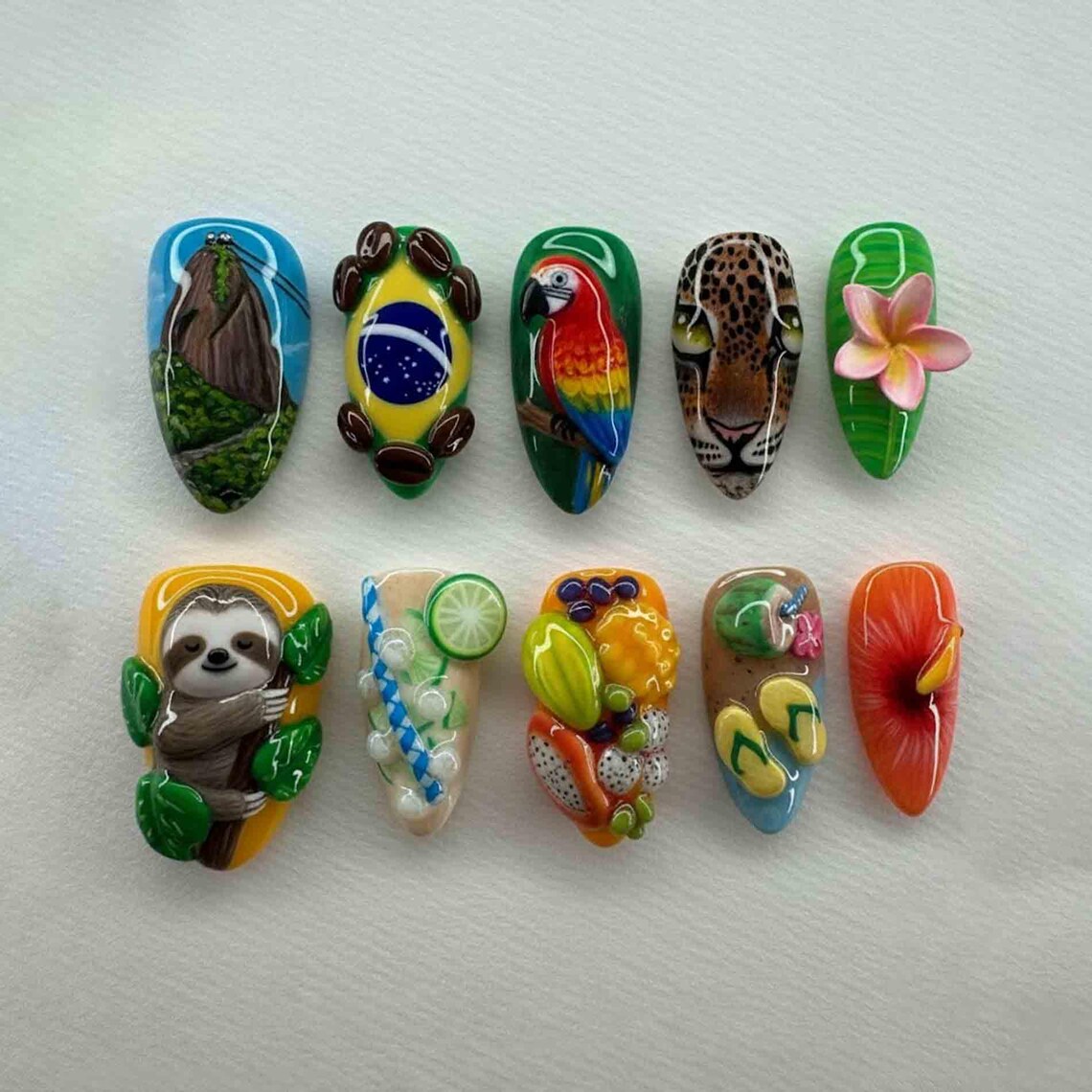 Handmade Tropical Brazil Press on Nails | Parrot, Leopard, Sloth ...