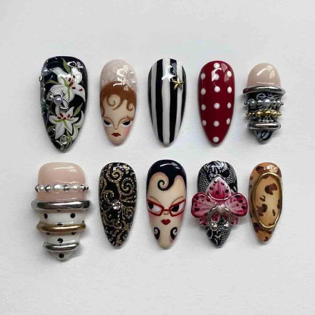 Handmade Vintage Chic Press on Nails | 3D Floral, Retro Girl, Polka ...