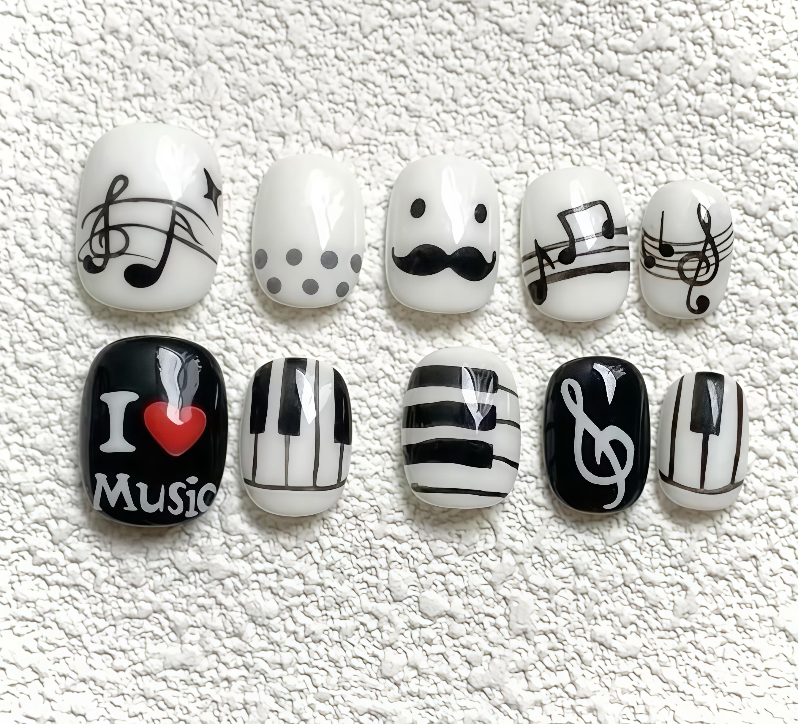 Music Lover Press on Nails | Piano Keys & Notes Nail Art | Black and ...